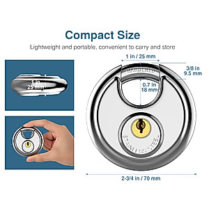 Puroma Keyed Padlock, Stainless Steel Discus Lock Heavy Duty Locks with 3 Keys, Waterproof and Rustproof Storage Lock with 3/8 Inch Shackle for Warehouse, Garage, Storage Locker, and Outdoors (1 Pack)
