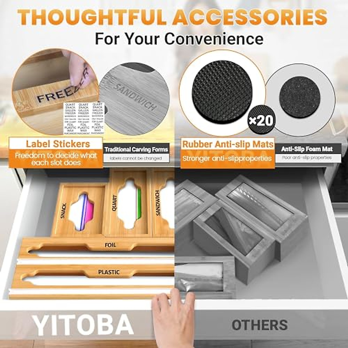 YITOBA 6 In 1 Bag Storage Organizer with Foil and Plastic Wrap Organizer, Extended Aluminum Foil Dispenser, Bamboo Baggie Organizer for Drawer, Sandwich Bag Organizer for Gallon, Quart, Snack