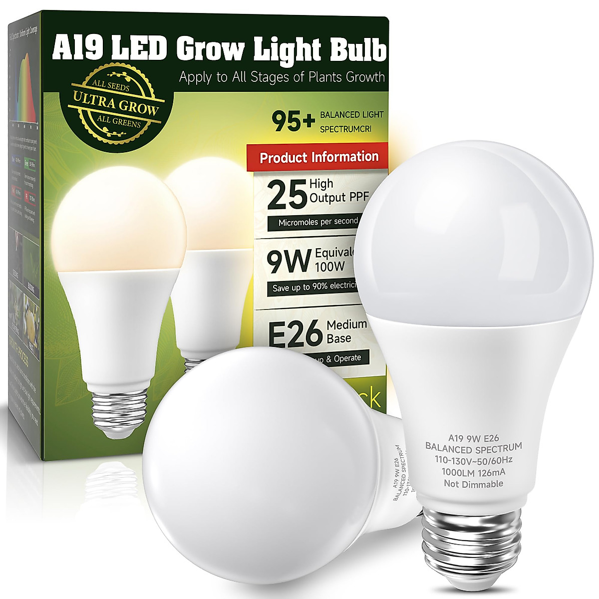 Grow Light Bulbs, LED Grow Light Bulbs A19, Full Spectrum Plant Light Bulbs, 100W Equivalent Grow Bulb, E26 Base, 9W Grow Lights for Indoor Plants, Flowers, Seed Starting, Greenhouse, 4000K, 2-Packs
