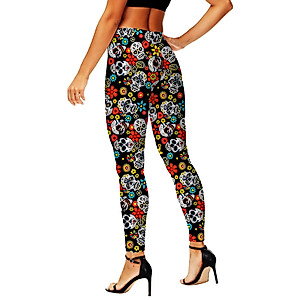 AOBUTE Women's Halloween Leggings Scary Skull Printed High Waist Yoga Pants Day of The Dead Tights L