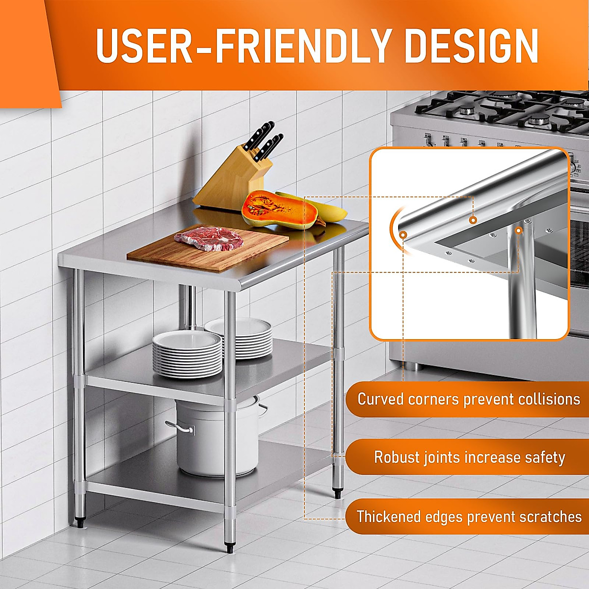 HOCCOT Stainless Steel Table for Prep & Work 24" X 30" inches with 2 Adjustable Shelf, Commercial Workstations, Utility Table in Kitchen Garage Laundry Room Outdoor BBQ