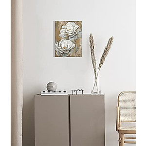 Yidepot Floral Canvas Wall Art Peony Flower Picture Abstract White and Gold Painting Giclee Print Artwork Home Decor for Bedroom Bathroom Ready to Hang 12"x 16"x 1 Panel
