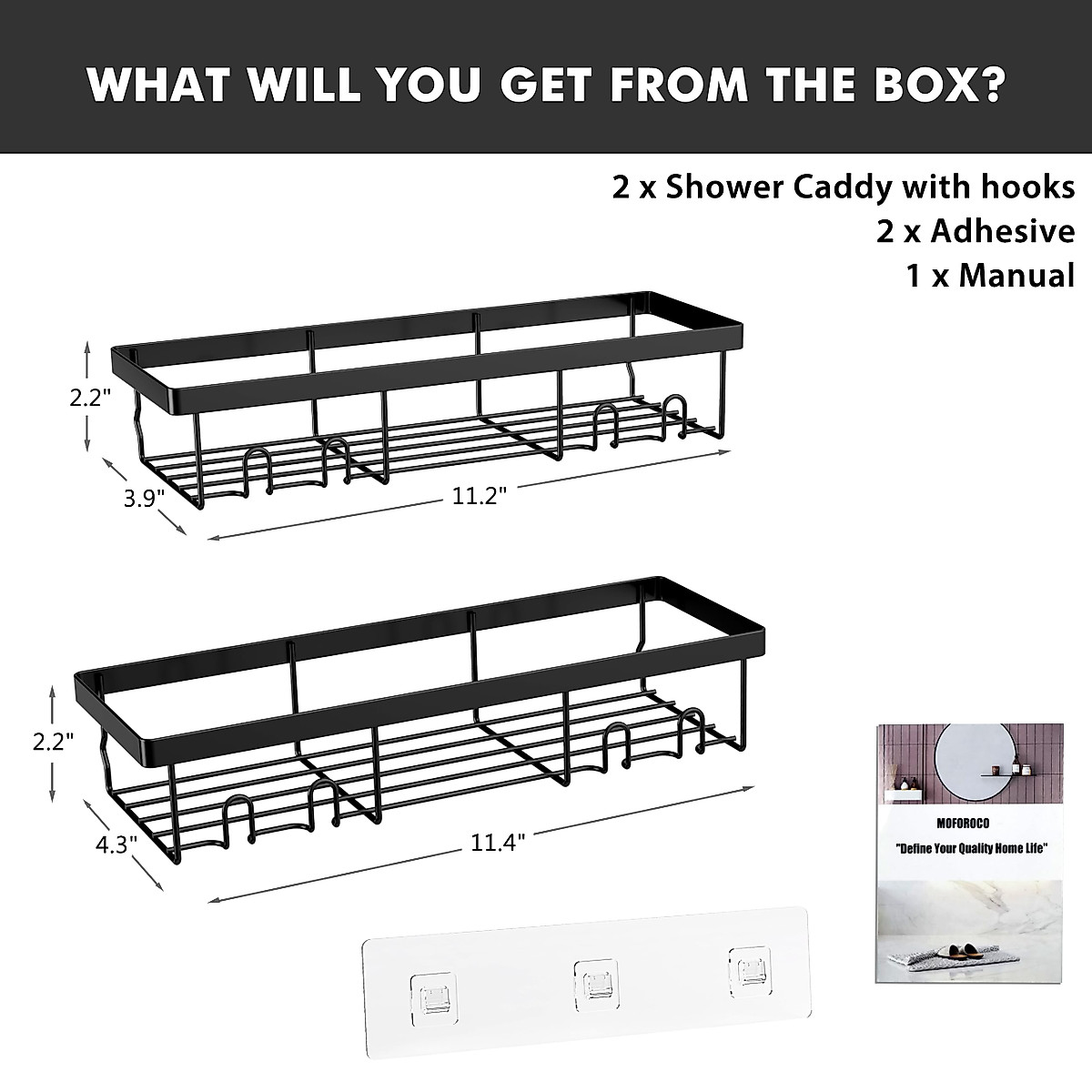 Moforoco Shower Caddy Shelf Organizer Rack(2Pack), Self Adhesive Black Bathroom Shelves Basket, Home Wall Shower Inside Organization and Storage Decor Rv Accessories, First Apartment Essentials