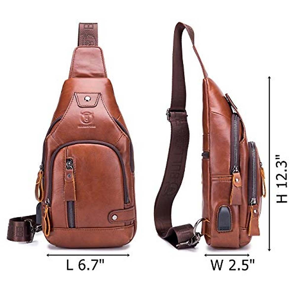 BULLCAPTAIN Genuine Leather Mens Sling Bag Multipurpose Travel Crossbody Chest Bag Daypacks with USB Charging Port (Brown)