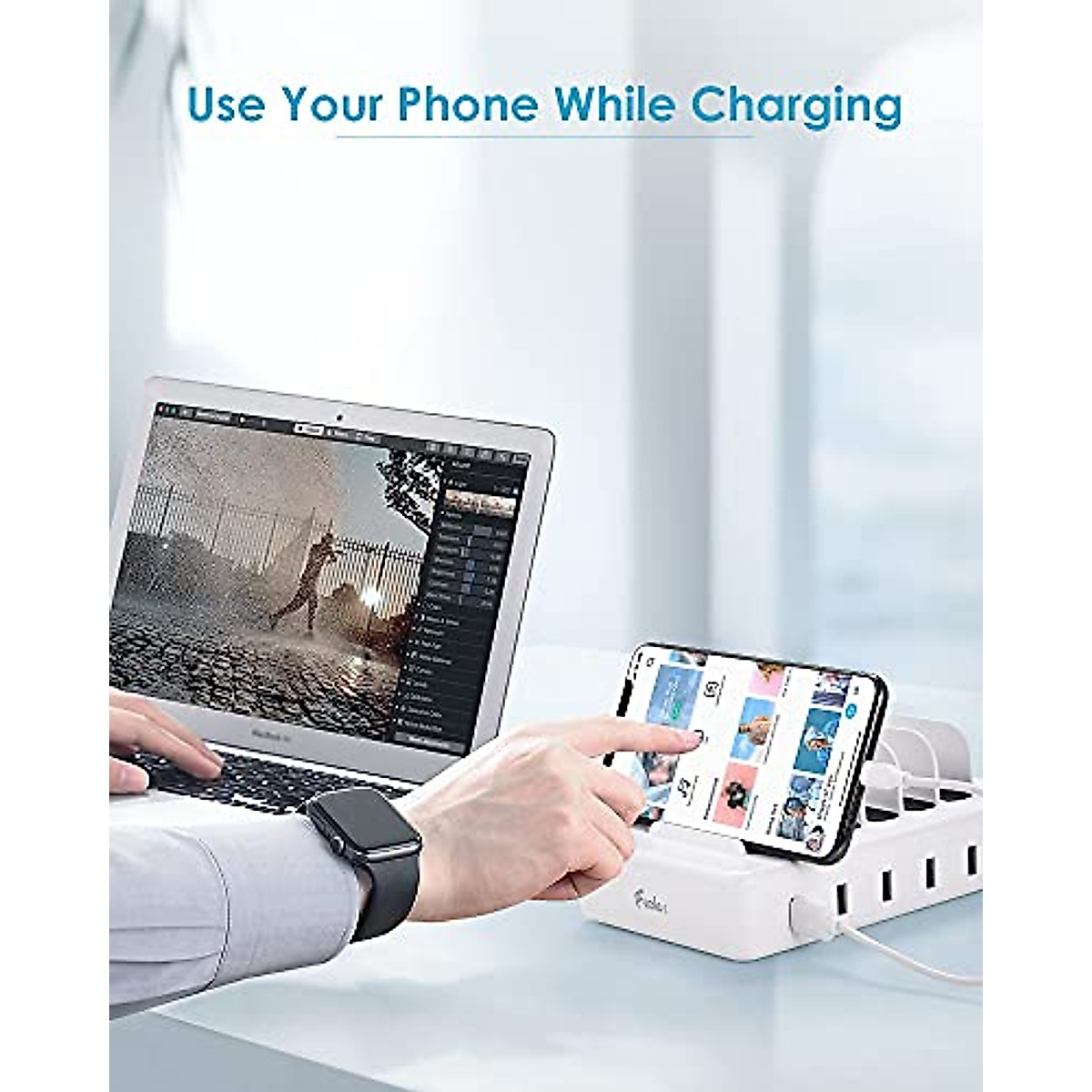 Charging Station for Multiple Devices, 6 Ports Compatible Cables W/3 iPhone, Micro USB,Type C,Compatible with Apple Charging Station,Phone,iPad,Cell Phone,Tablets,iPad,Kindle,White