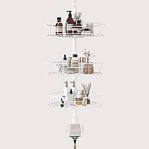 YeYeBest Rustproof Shower Caddy Corner for Bathroom, Bathtub Storage Organizer with 4 Adjustable Baskets, 39-125 Inch Shower Corner Caddy with Tension Pole for Shampoo Accessories, White