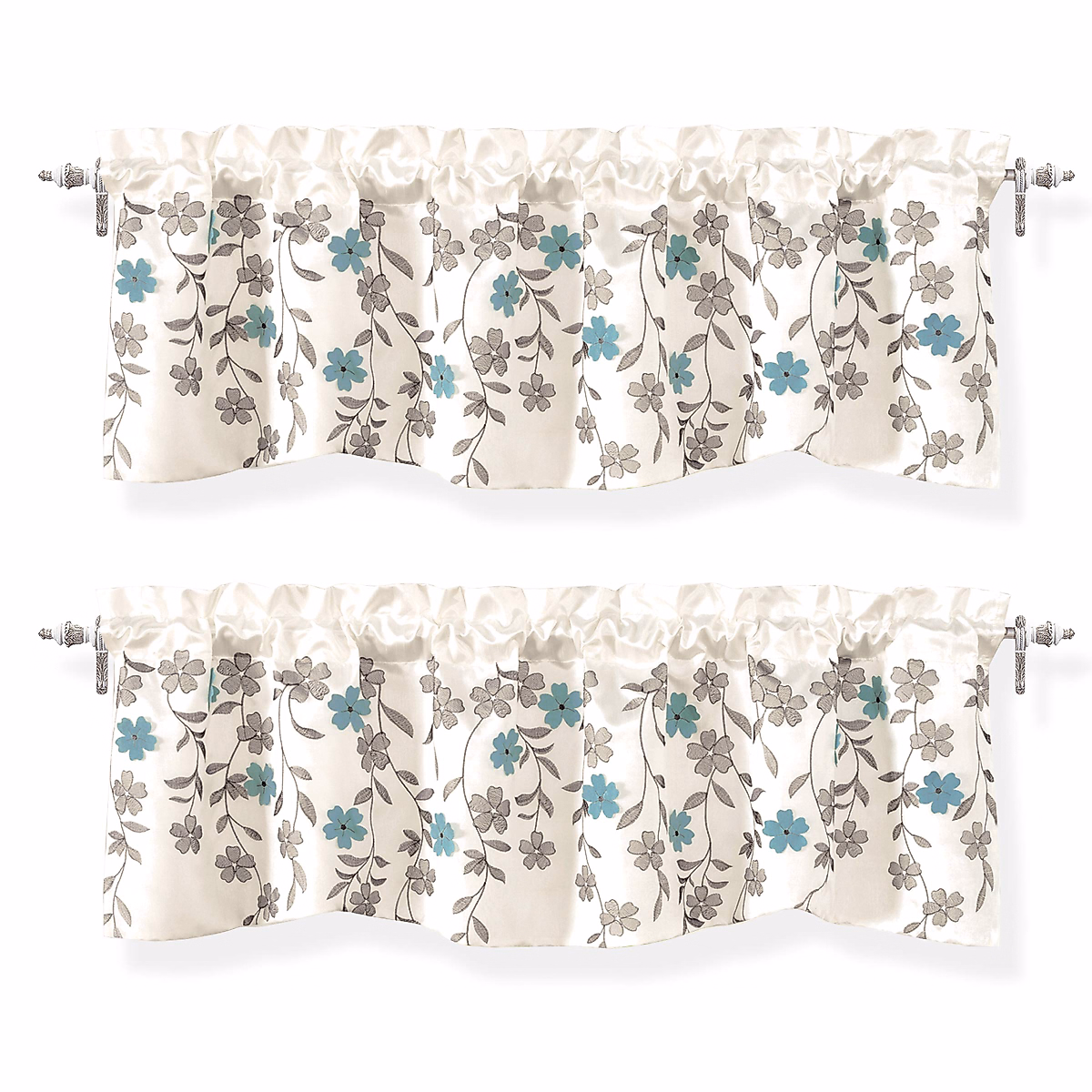 DriftAway Isabella Faux Silk Embroidered Kitchen Swag Valance Embroidered Crafted Flower 2 Pack 60 Inch by 18 Inch Plus 1.5 Inch Header Ivory Blue