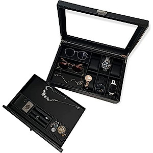 HAUTEROW Watch Box Organizer For Men Jewelry Box, Watch Case Sunglass Organizer Valet Tray Mens Jewelry Organizer Holds 6 Watches 3 Sunglasses