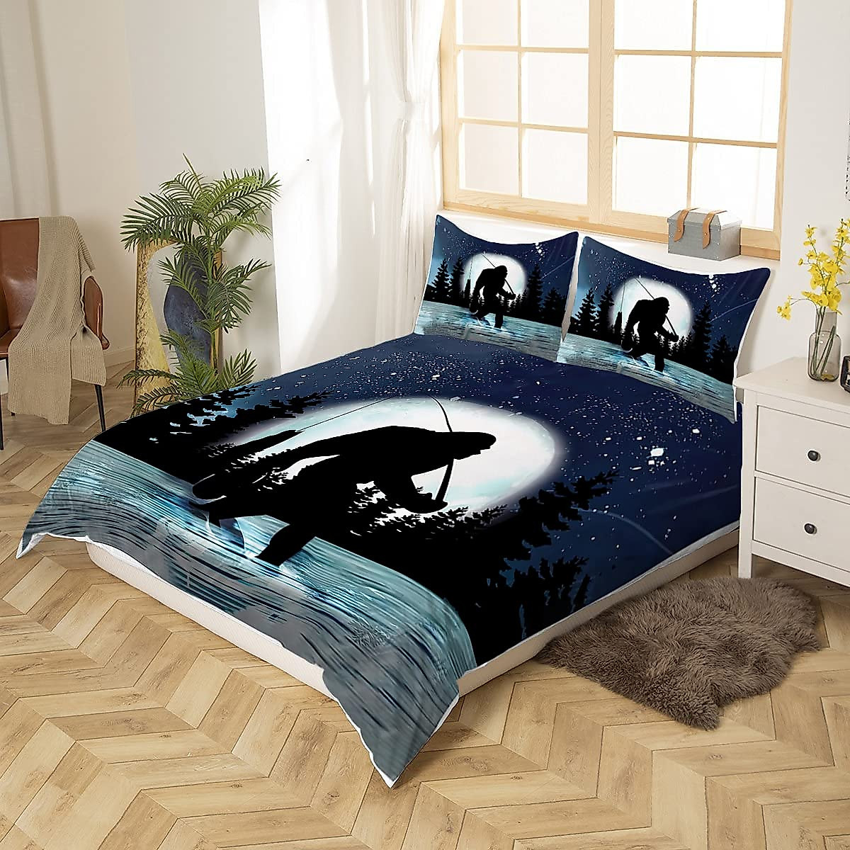 SATIGI Bigfoot Galaxy Moon Bedding Set Bigfoot Bed Set Twin Queen for Children Adult Teens Girls Boys Soft Microfiber Breathable Bigfoot Comforter Cover (Bigfoot Design 01, Twin/Full/Queen/King)