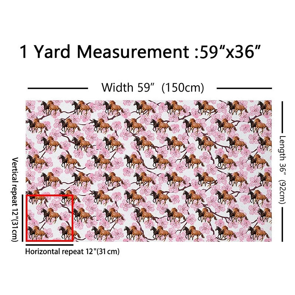 Horse Upholstery Fabric by The Yard, Cherry Blossom Galloping Horses Outdoor Fabric by The Yard, Girls Sakura Horse Lover Decorative Fabric for Upholstery and Home DIY Projects, 1 Yard, Pink Brown