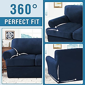 H.VERSAILTEX Sofa Cover 4 Piece T Cushion Sofa Slipcovers Thick Velvet Couch Cover Furniture Protector Stretch T Cushion Sofa Covers for 3 Cushion Couch with 3 Individual T Cushion Covers, Navy