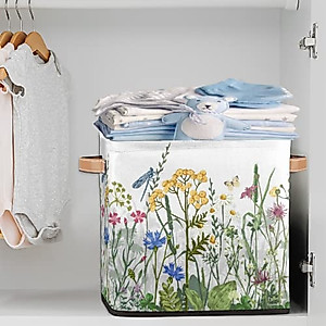 Storage Basket Dragonfly Spring Flower Butterfly Plant Collapsible Storage Bin with Handles Large Canvas Storage Cubes Toy Basket for Shelves Closet Nursery Cabinet Living Room Organizer 13x13x13"