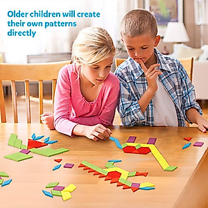 KanCai 155PCS Wooden Pattern Blocks Set Geometric Shape Puzzles Classic Educational Toys Tangrams Set for Kids Ages 3-8 with 24 Pcs Design Cards