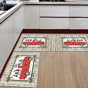 Christmas 2 Pieces Kitchen Rugs and Mats Set, Merry Christmas Red Truck with Gnome Green Stripes Kitchen Mats Cushioned Floormat Non Slip Runner Rug Set for Kitchen Laundry Entryway, 18"x30"+18"x60"