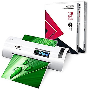SINOPUREN Thermal Laminator Machine and Pouches Bundle, Never Jam Technology, 9inches Quick 1min Warm-up, 3mil 100pack*2, Letter Size