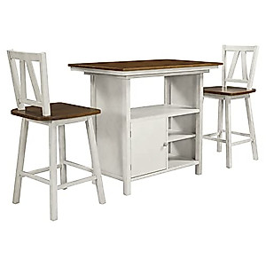 BNSPLY Kitchen Island with Storage and Seating, 3-Piece Dining Table Set for 2, Kitchen Island Table with Stools, Wooden Kitchen Table Set with Shelves for Small Places(Walnut+Distressed White)