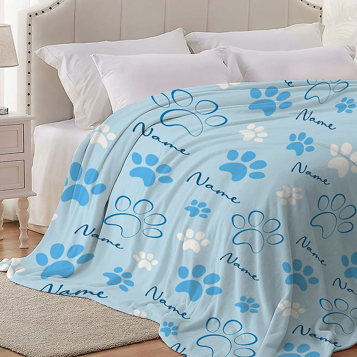 Custom Pet Name Blanket Personalized Dogs Blanket Customized Puppy Blanket,Dog Gift for Dog Lovers Mom Dad Cute Dog Paw Prints Soft Flannel Throw Blanket for Bed Sofa Travel Small 50"x40" for Kids