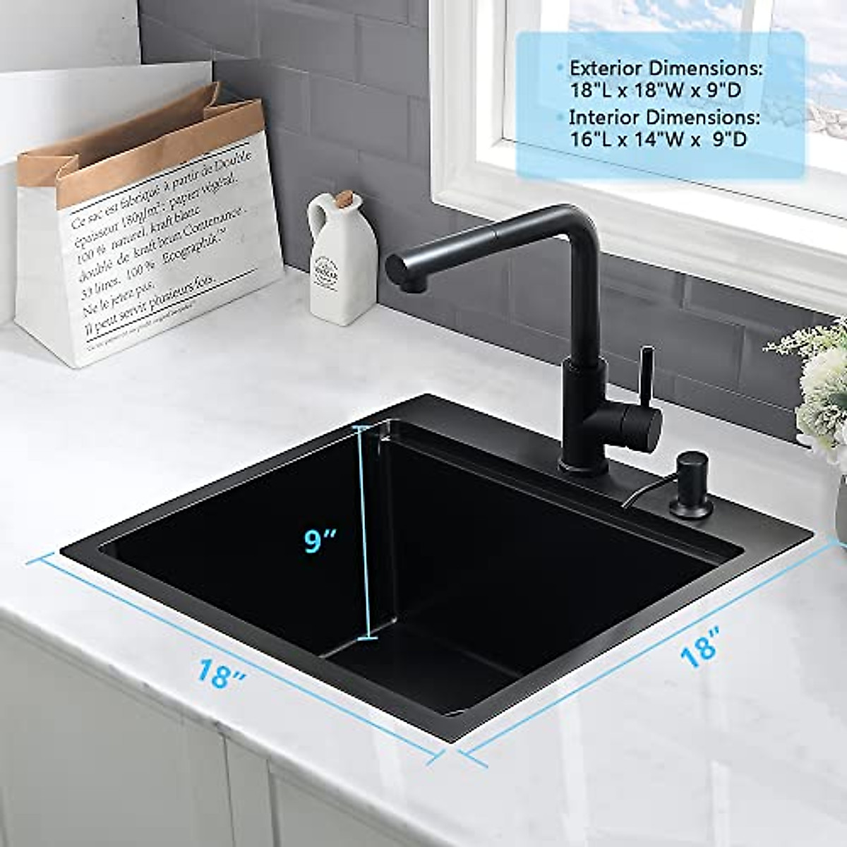 18 Inch Black Bar Sink Drop In Workstation-VASOYO 18x18 Drop In Bar Sink Black Stainless Steel Bar Prep Sink Topmount Outdoor Rv Kitchen Sink Single Bow Wet Bar Sink with Cutting Board