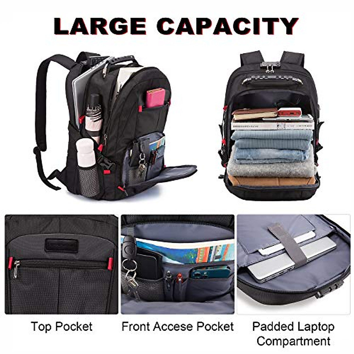 LOVEVOOK Travel Laptop Backpack Waterproof Anti Theft Backpack with Lock and USB Large 17 inch Computer Travel Backpack with 3 Packing Cubes for Men Women(17 inch,Black)
