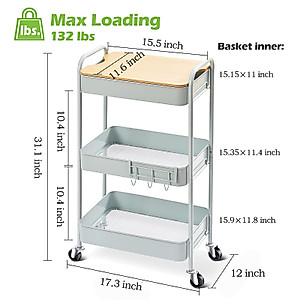 TOOLF 3 Tier Rolling Cart, Metal Utility Cart with Wheels & Wooden Top, Diaper Organizer Cart, Rolling Craft Storage Cart, Serving Trolley Cart for Kitchen, Office, Bathroom, Baby Nursery, Green