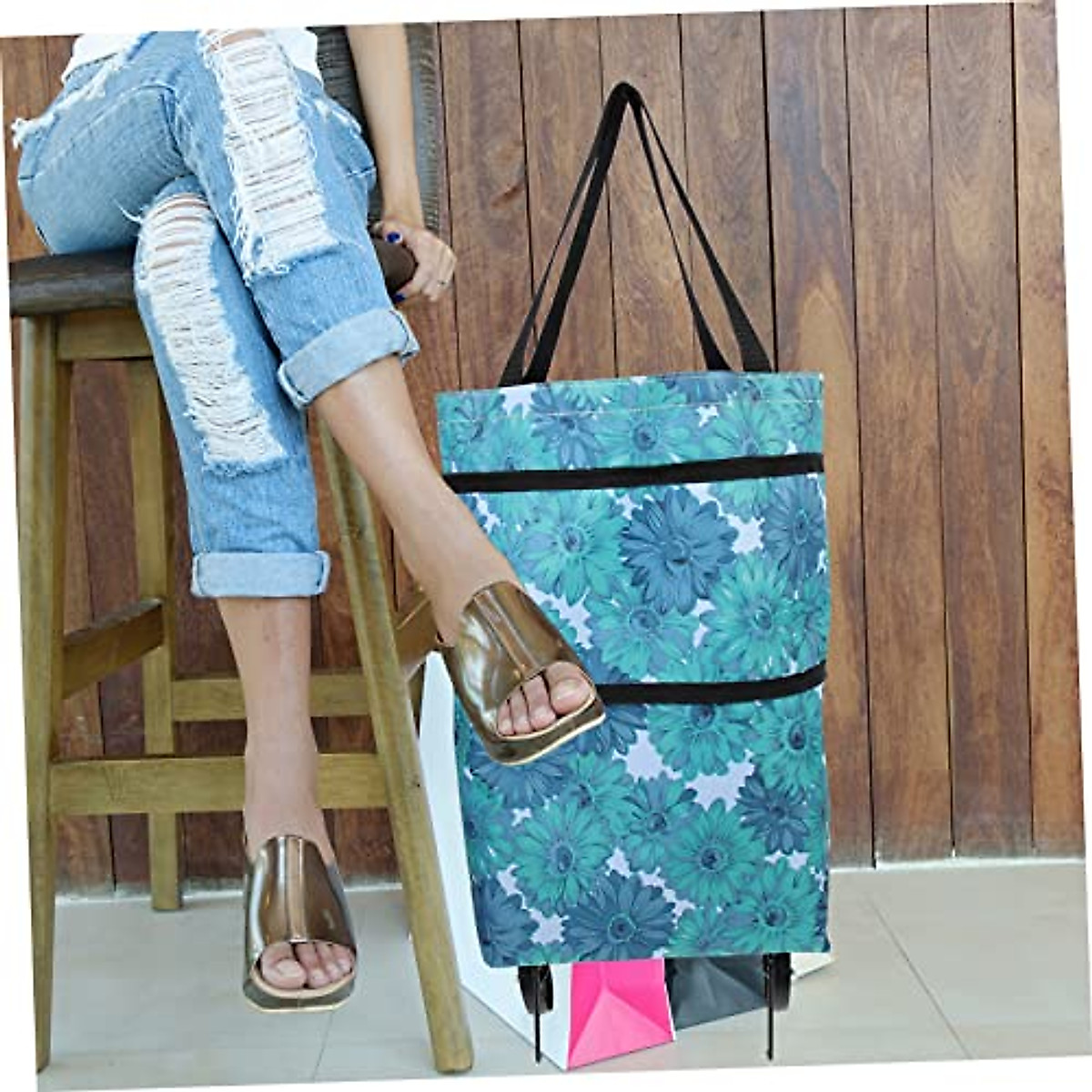 LABRIMP Shopping Bag with Wheels Collapsible Grocery Bag Trolley Bag with Wheel Grocery Storage Pouch Hand Cart Foldable Shopping Bag for Groceries Shopping Cart Fruit Oxford Cloth