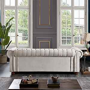 Lestar 88 inches 3 Seater Chesterfield Sofa with Nails Decoration in Linen Fabric, Comfy Couches for Living Room (Beige)
