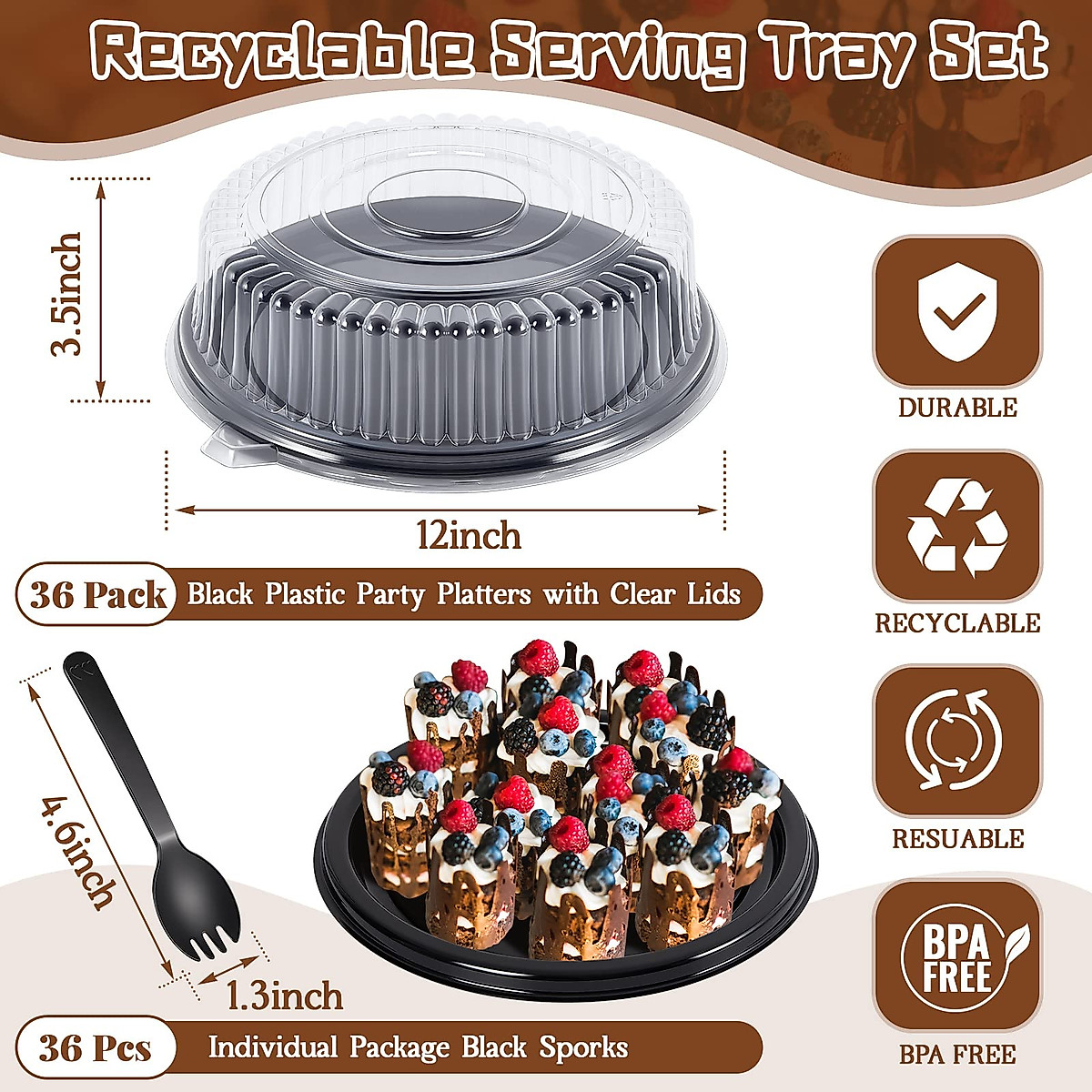 36 Set 12 Inch Catering Trays with Lids and Sporks Heavy Duty Serving Tray with Lid Plastic Food Serving Platters Plastic Cake Container Elegant Round Banquet for Catering, Party, Takeout Food, Picnic