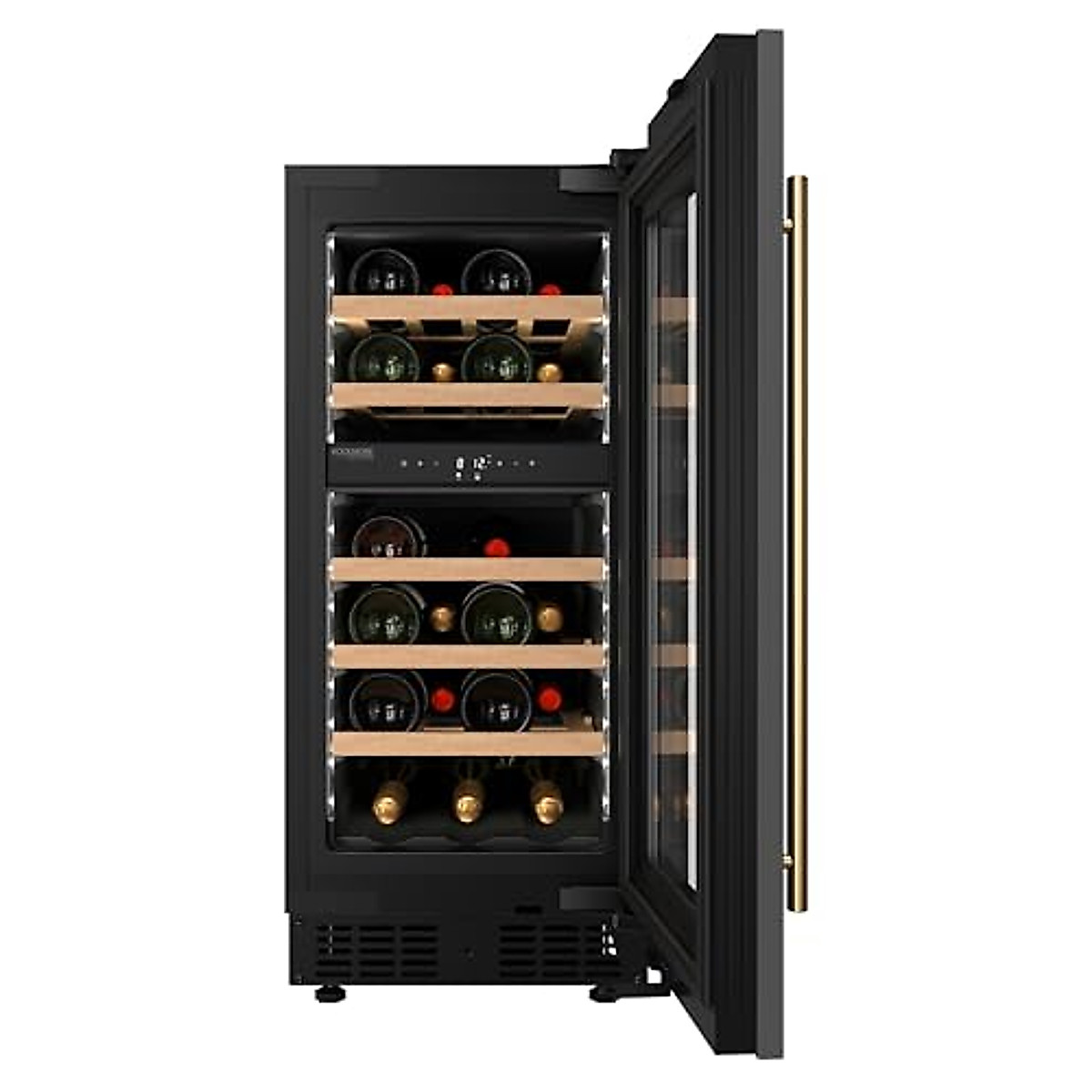 KoolMore KM-CW28DZ-WPR Reserve 15 in. Under-Counter Panel Ready Dual Zone Built-in Wine Cooler with 23 Bottle Capacity and Wooden Shelves in Black, ETL Listed