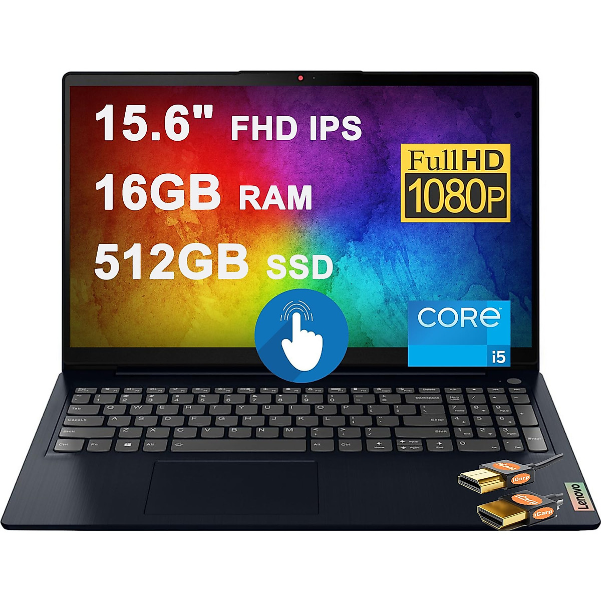 lenovo IdeaPad 3 Business Laptop 15.6" FHD IPS Touchscreen 11th Gen Intel Quad-Core i5-1155G7 (Beat i7-10710U) 16GB RAM 512GB SSD Intel Iris Xe Graphic USB-C Privacy Webcam Win11 Blue + HDMI Cable