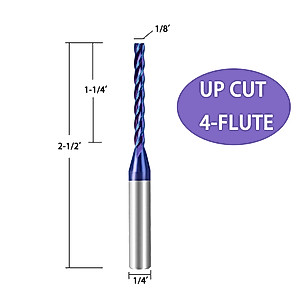 XUANFENG 4 Flutes NACO Coating Up Cut Spiral CNC Router Bit 1/4 inch Shank, 1/8 inch Cutting Diameter End Mill for 2D 3D Wood Cut, Carving Size: 1/8x1-1/4x 2-1/2" Shank 1/4" STF445