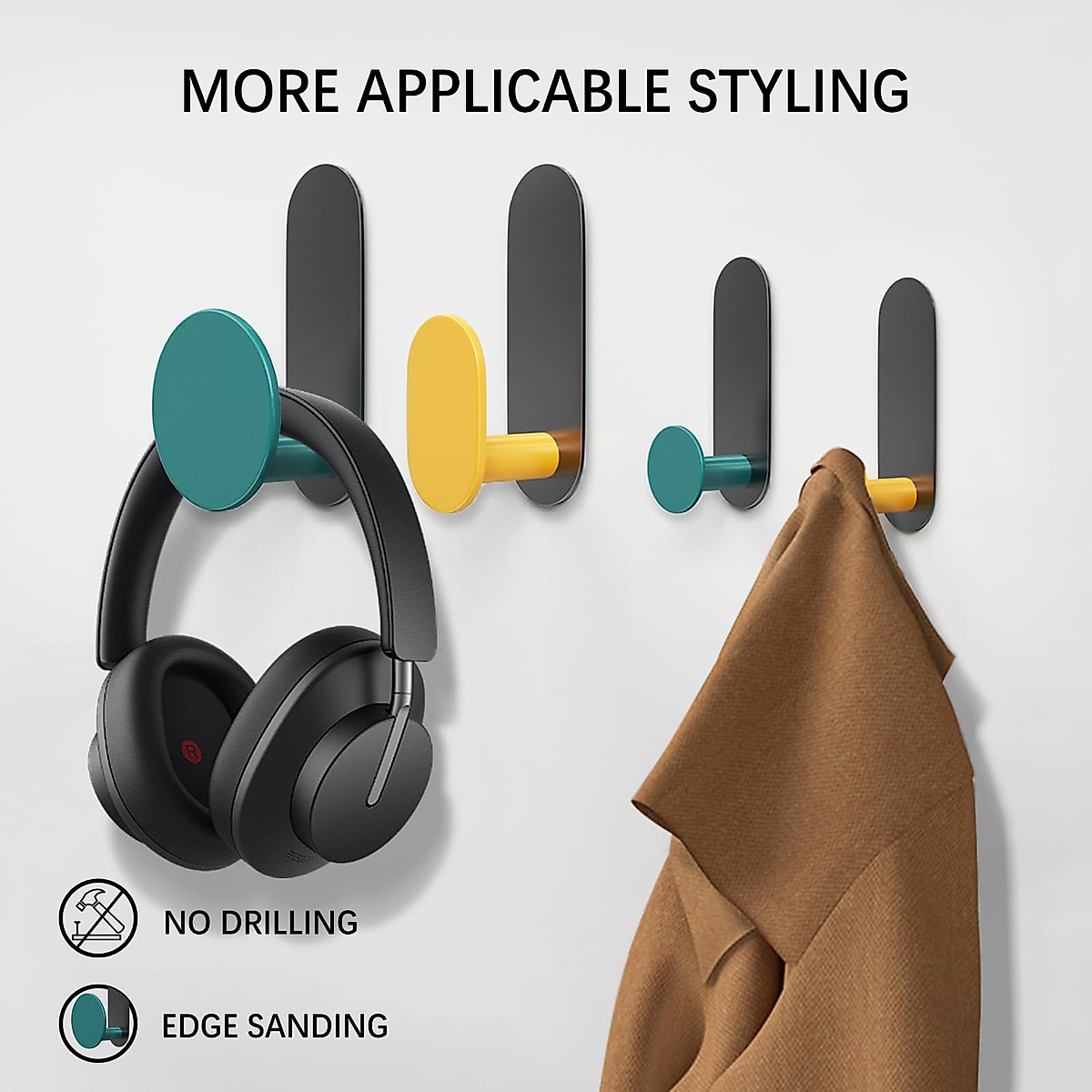 Adhesive Towel Hooks – Strong, No-Drill Hanging Coat Hooks perfect for holding robes, sponges, and loofahs in bathrooms, kitchens, and homes; brushed carbon steel with robust adhesive - 4-Pack.