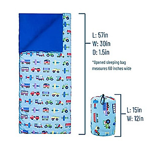 Wildkin Kids Sleeping Bags for Boys & Girls, Measures 57 x 30 x 1.5 Inches, Cotton Blend Material Sleeping Bag for Kids, Ideal for Parties, Camping & Overnight Travel(Trains Planes & Trucks)