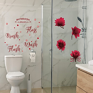 Set of Bathroom Wall Decals Stickers Wash Brush Flush Floss Bathroom Rules Wall Decor Sticker Waterproof Flower Sign Sticker for Bathroom Kitchen Home DIY Decorations