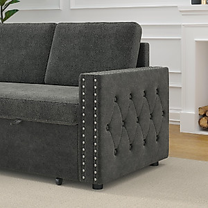 Ball & Cast 85" Sleeper Sofa with Storage Chaise, Chenille Upholstered Reversible Sectional Couch with Pull Out Bed, Button Tufted Armrest and Nailhead Trim,for Living Room,Apartment,Dark Grey