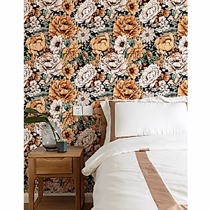 HAOKHOME 93191 Vintage Peel and Stick Floral Wallpaper Removable Large Peony Black/Orange/Pink Vinyl Self Adhesive Mural 17.7in x 9.8ft