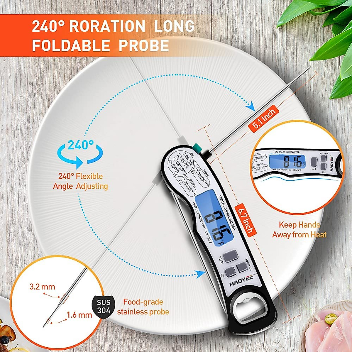 HAOYEE Digital Meat Thermometer, Premium Multifunctional Food Thermometer with LCD Display, Long Probe and Magnetic, Suitable for Home and Kitchen Barbecue Edible Oil Frying, Baking, etc.