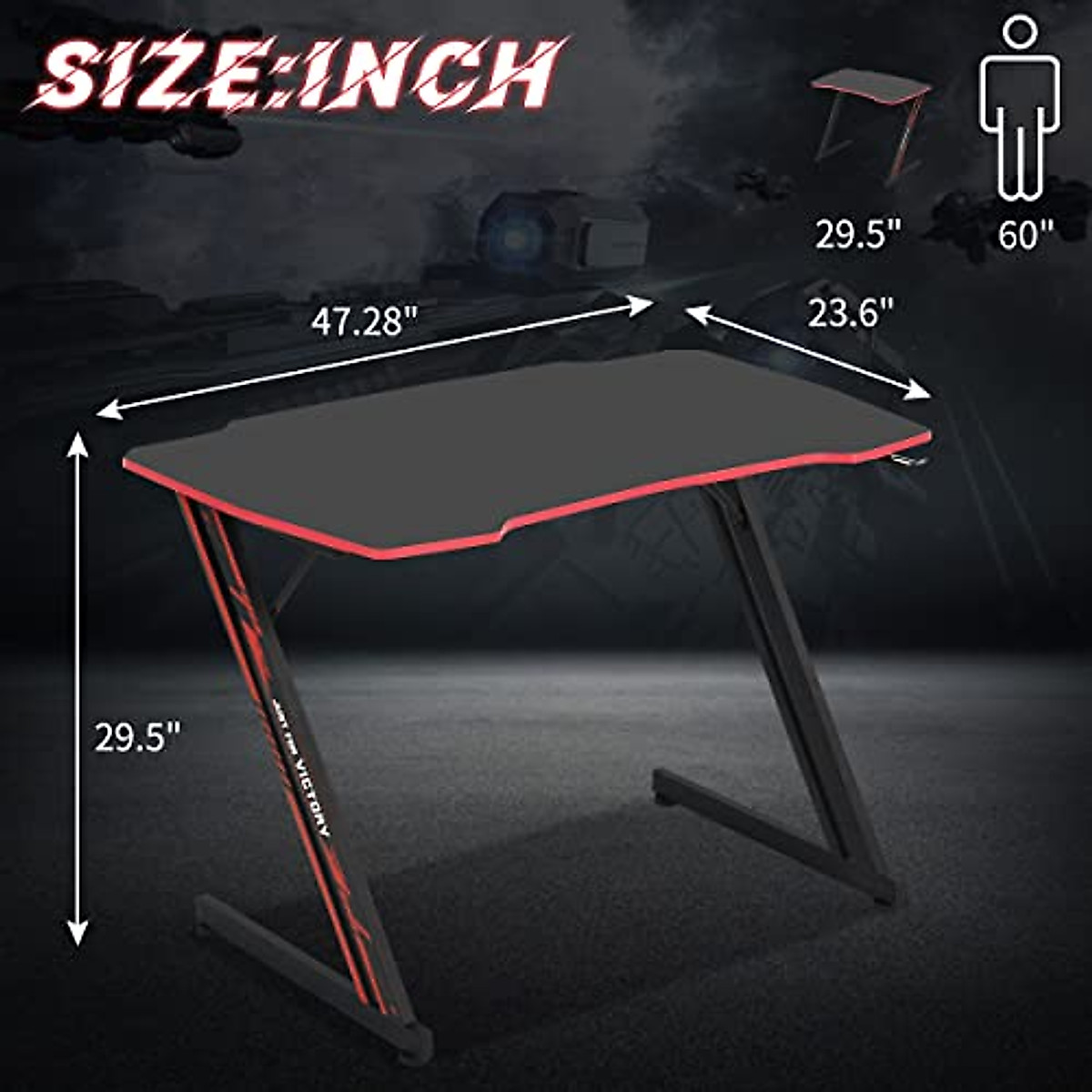 BLKMTY 47" Gaming Desk Z Shaped Gaming Desk Large Home Office Desks PC Computer Desk Workstation Study Desk Table Ergonomic Gamer Desk Wood Writing Desk with Headphone Hook for Game Player, Red