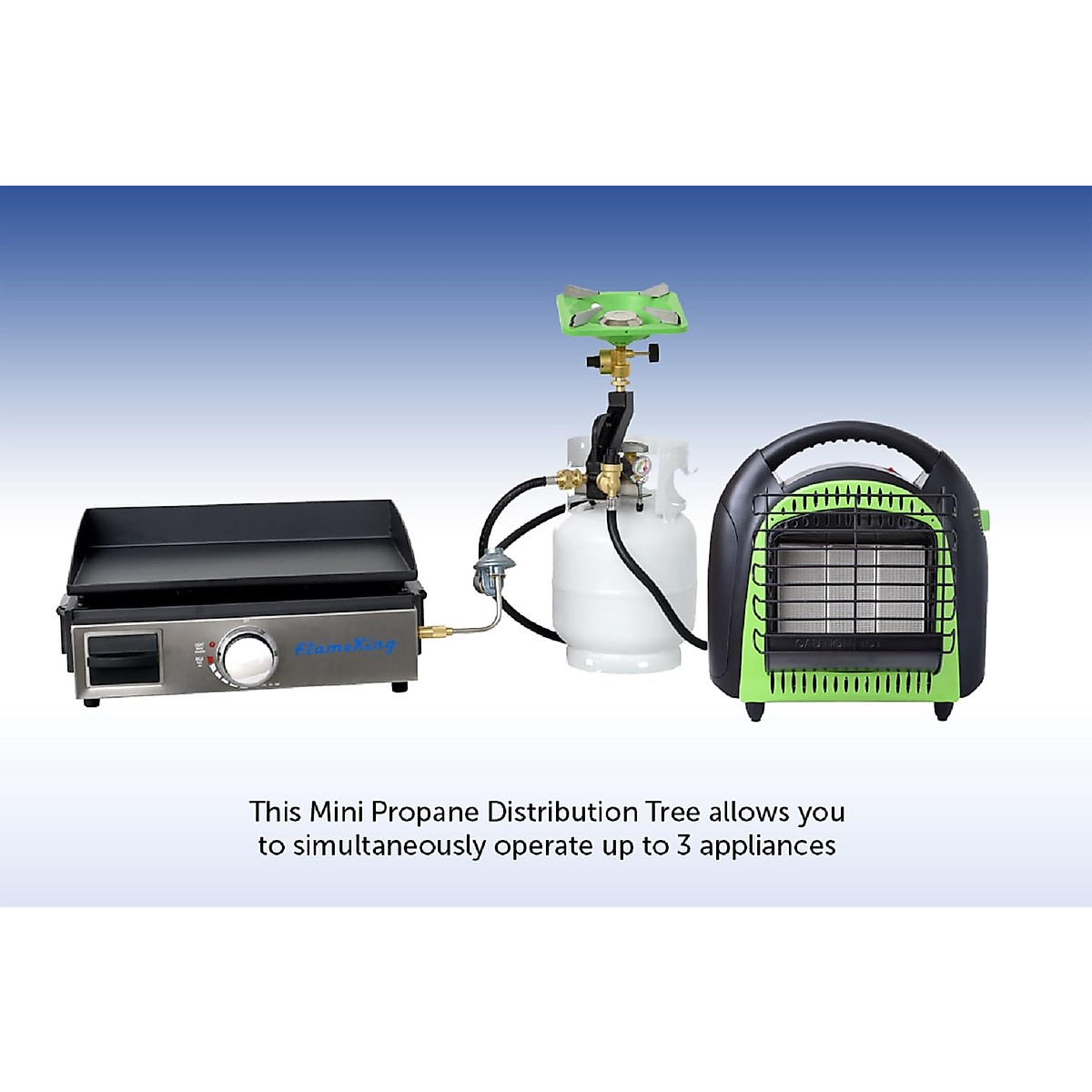 Flame King FK-DTMINI Mini 3-Port Distribution Tree for Camping, Connects 1-lb Appliances to a Standard Propane Tank, Perfect for Lanterns, Stoves, Heaters, and Grills, Black & Gold