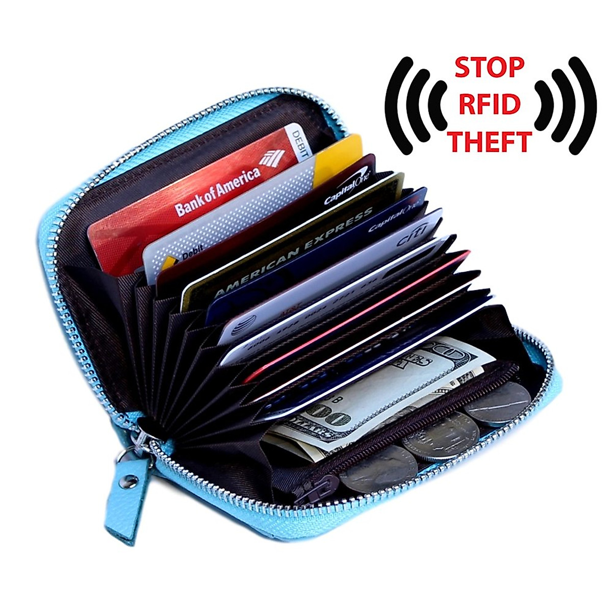 KALMORE Women's Leather RFID Card Wallet Small Purse Window, Turquoise Blue, One Zipper with ID