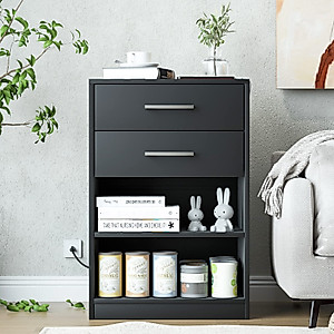 Irontar Nightstand with Charging Station, 2 Drawers End Table with 2 AC Outlets and 2 USB Ports, Wooden Side Table, Bedside Table with Adjustable Open Storage, Bedroom Night Stand, Black BZZ001BE