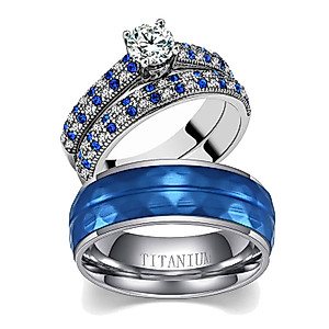 Wedding Ring Sets His And Hers Promise Ring Adjustable size Wedding Ring Sets His And Hers Couples Women 925 Sterling Silver Blue Cz Man Titanium Wedding Bands