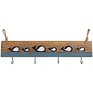 Deco 79 Wood Handmade Distressed 4 Hanger Wall Hook with White Whales and Hanging Rope, 34" x 2" x 13", Brown