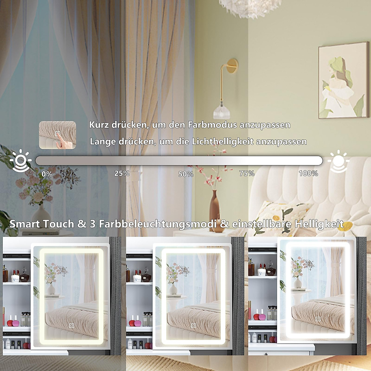 Vanity Desk, Makeup Vanity Desk with Sliding Mirror and Lights, Makeup Vanity Set with Drawers, Stool and Open Shelves, 3 Color Lighting Modes, Brightness Adjustable Dressing Table for Bedroom