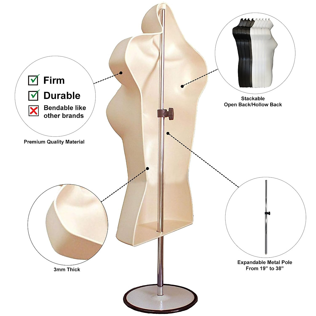 DisplayTown Flesh Male and Female Mannequin Torso with Metal Stand Hollow Back Body Stackable Dress Form for Tshirt Display, Countertop, Craft Shows, Photos and Design, S-M Clothing Size
