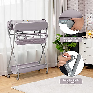 Costzon Portable Changing Table, Mobile Baby Changing Table with Wheels, Safety Belt, Large Storage Basket, Rack & Shelf, Folding Diaper Changing Station Nursery Organizer for Infant Newborn (Gray)