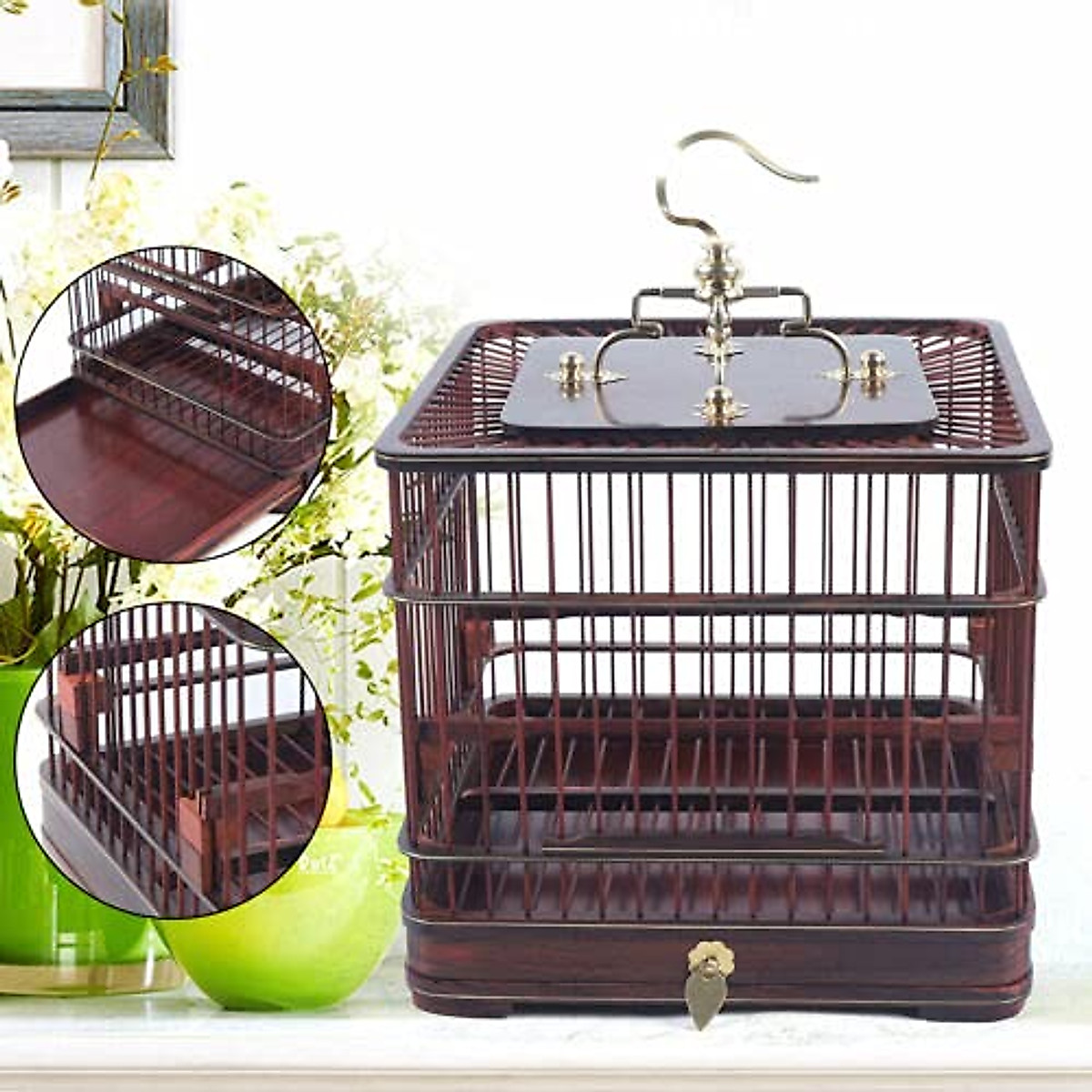 Retro Drawer Style Handmade Dark Red Hanging Type Wood Birdcage Bird Cage Lovebird House with Drawer, Suitable for Family Pet Bird Breeding
