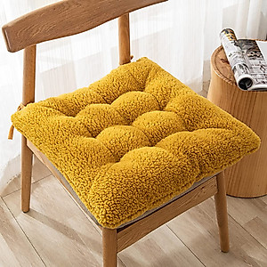 XSlive Soft Fleece Chair Pad with Ties,Fluffy Thick Sherpa Wool Square Seat Cushion for Winter Comfy Plush Cushion Pads for Home Office Chair (Yellow,16"x16")