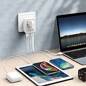 European Travel Plug Adapter, eeQiu International Travel Adapter with 4 USB Ports, American Outlets - 5 in 1 European Plug Adapter for US to Europe EU Country Like Germany, Spain, Italy, France.