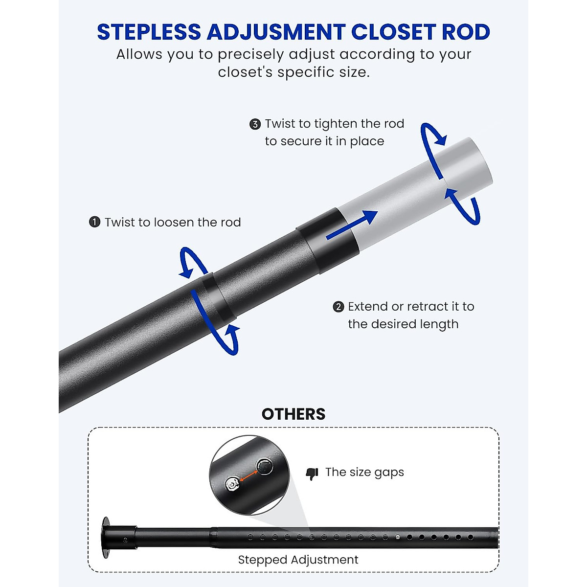 Closet Rods for Hanging Clothes, 17 to 99 Inches Stepless Adjustable Metal Closet Rod, 1.3 Inches Heavy Duty Clothes Hanging Rod for Closet Wardrobes Laundry RV