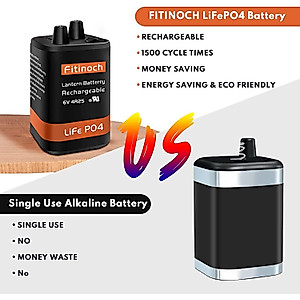 Fitinoch Rechargeable 6 Volt 4.5AH Lantern Battery with Charger, LiFePO4 6V Batteries 1500 Cycles with BMS (Screw Terminals), 4R25 Lantern Battery Replacement